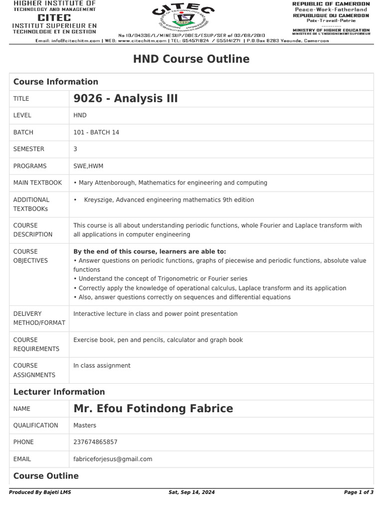 Course - Outline - HND - Analysis III | PDF | Equations | Laplace Transform