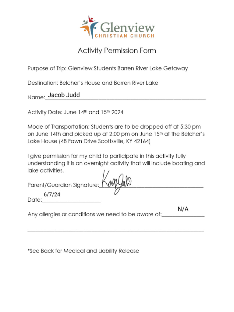0 - Glenview Student Activity Permission Form - Lake - 240607 - 141607 ...