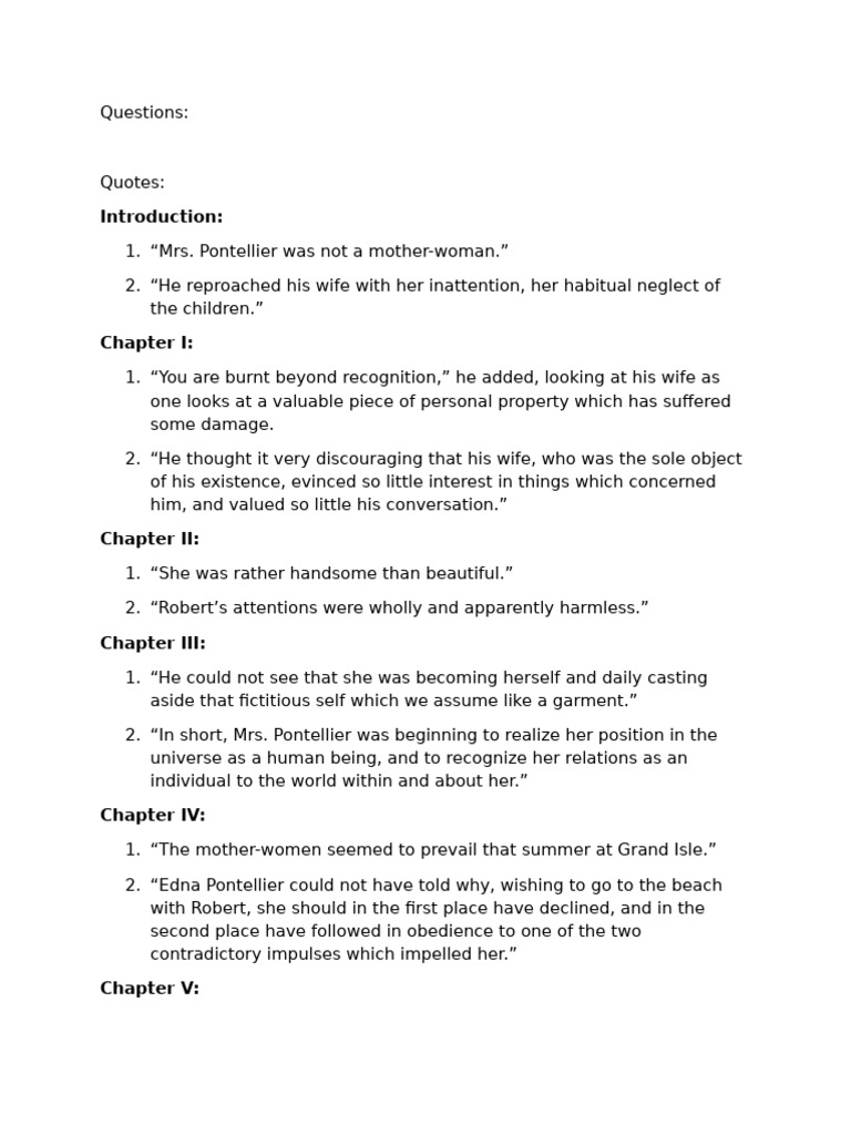 AP Lit The Awakening 1-10 Notes 2 | PDF | The Awakening (Chopin Novel)