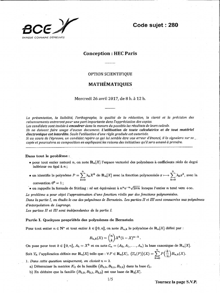 ECS Maths 1 HEC 2017-Sujet Prepa HEC | PDF