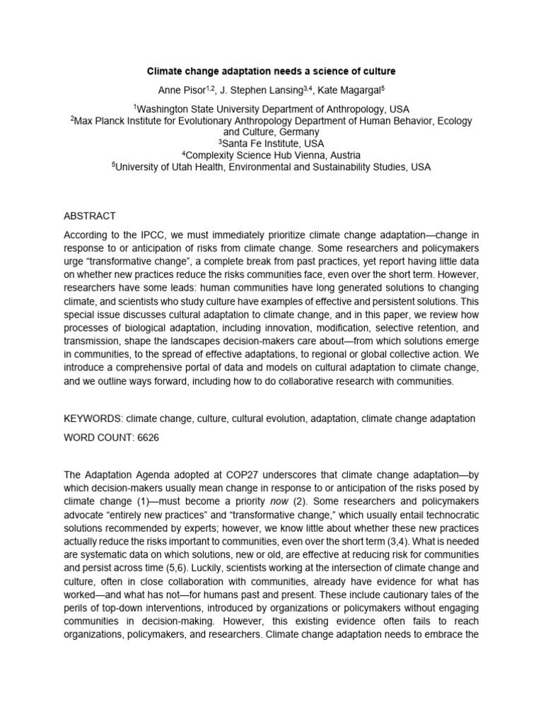 Pisor Et Al - Adaptation Needs A Science of Culture | PDF | Climate ...