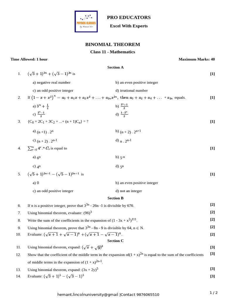Class 11 CBSE Binomial Theorem Test | PDF | Number Theory | Numbers