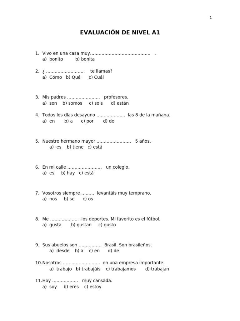 Test de Nivel A1 de Español | PDF