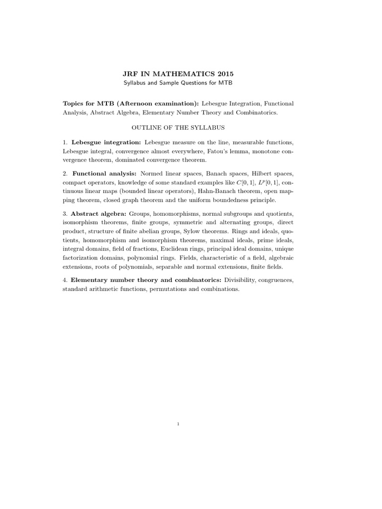 Syll Sample JRF (Math) MTB 2015 | PDF | Field (Mathematics) | Lebesgue Integration