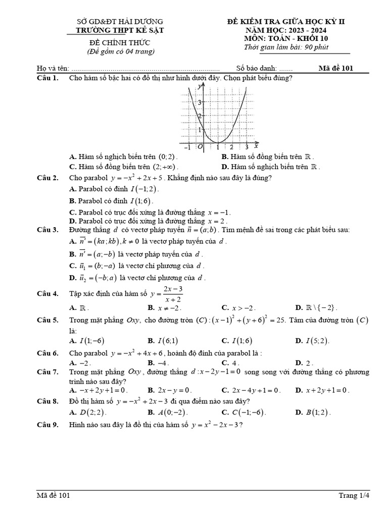 De Giua Ky 2 Toan 10 Nam 2023 2024 Truong THPT Ke Sat Hai Duong | PDF