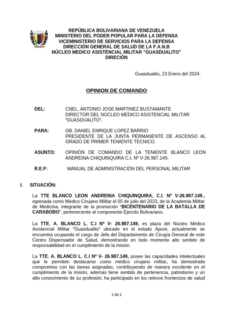 Opinión de Comando sobre TTE. Blanco León | PDF | Teniente | Ciencia militar