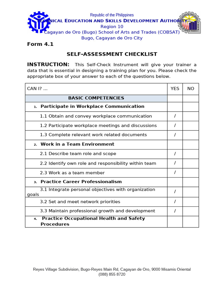 2 Form 4.1 - Self-Assessment Checklist | PDF | Computer Network | Electronics