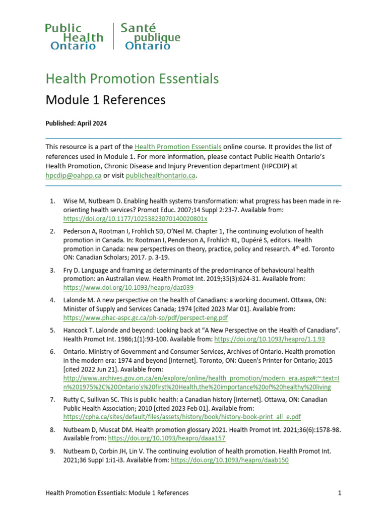 Health Promotion Essentials Module 1 References | PDF | Liberal Arts Education