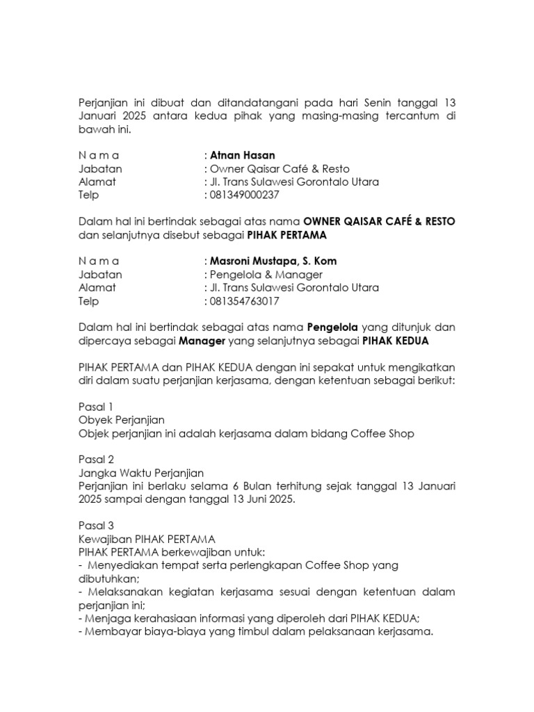 Surat Perjanjian Qaisar Cafe | PDF