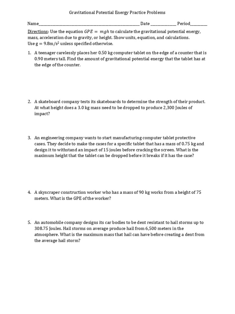 10GravitationalPotentialEnergyCalculationPracticeProblems-1 2 | PDF | Mass | Potential Energy