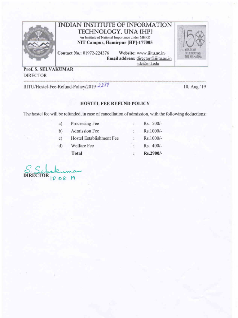 Hostel Fee Refund Policy Details | PDF