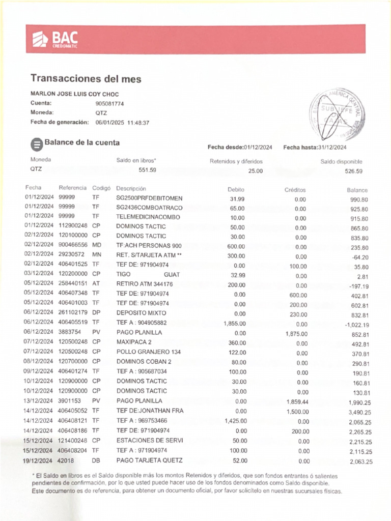 Estado de cuenta Diciembre Bac | PDF