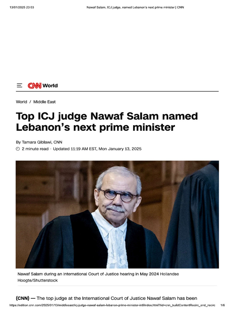 Nawaf Salam, ICJ judge, named Lebanon’s next prime minister _ CNN | PDF
