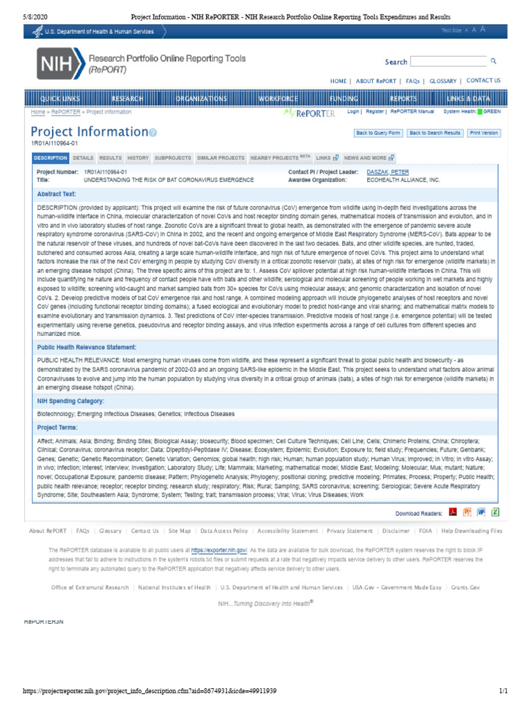 NIH EcoHealth 2014description | PDF | Virus | Infection