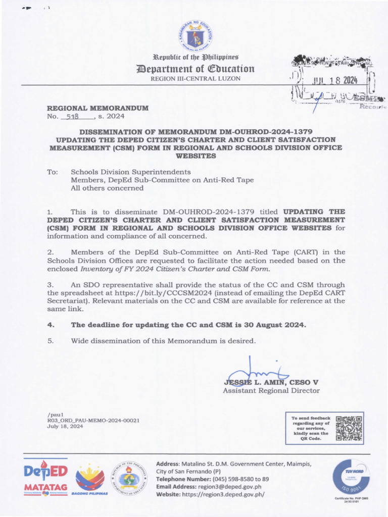 RM NO. 518, S.2024- DISSEMINATION OF MEMORANDUM DM OUHROD-2024-1379 ...