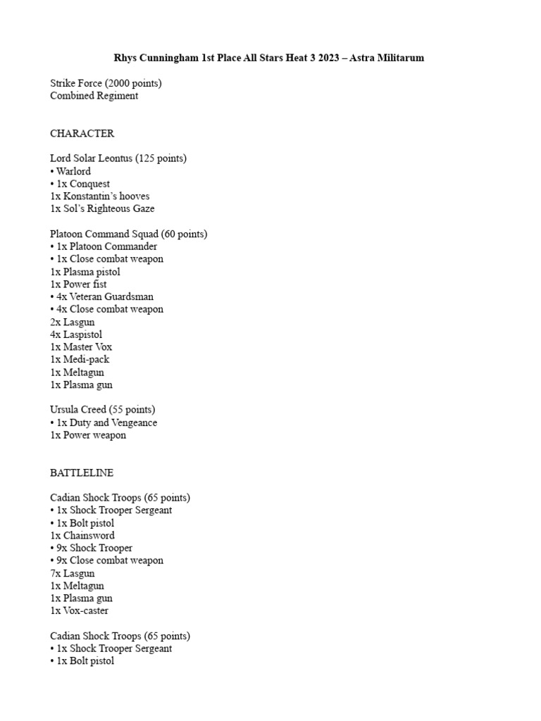 Rhys Cunningham 1st Place All Stars Heat 3 2023 – Astra Militarum | PDF ...