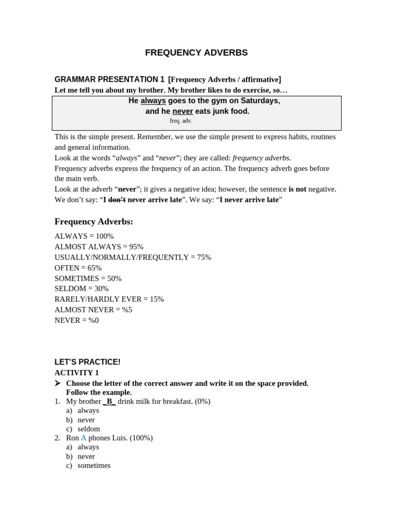 FREQUENCY ADVERBS. | PDF | Adverb | Grammar