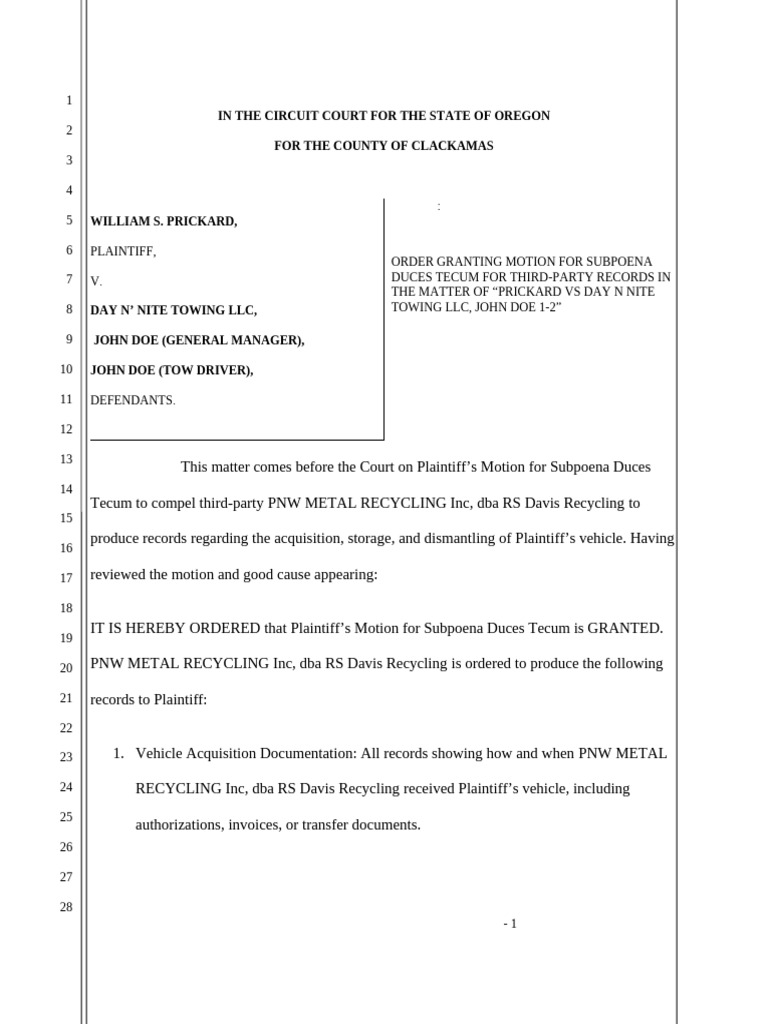 10 - Order SUBPOENA DUCES TECUM | PDF | Subpoena Duces Tecum | Common Law