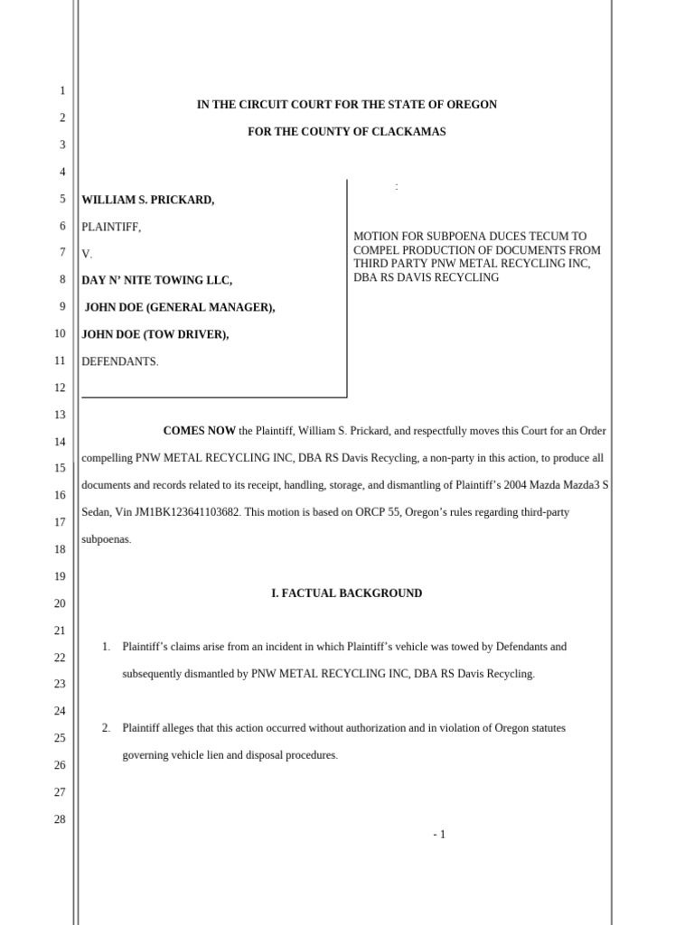 09 - Motion For Subpoena Duces Tecum | PDF | Subpoena Duces Tecum ...