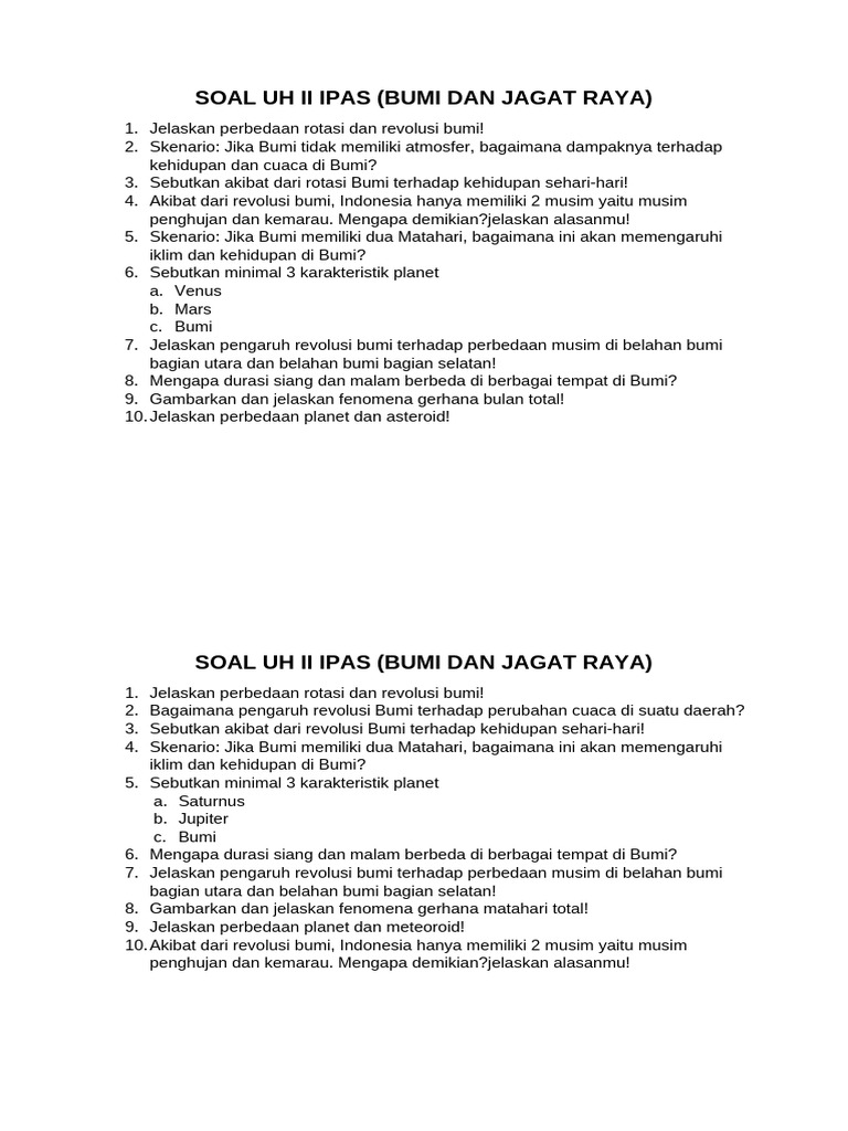 SOAL UH II IPAS Tata Surya Dan Bumi | PDF