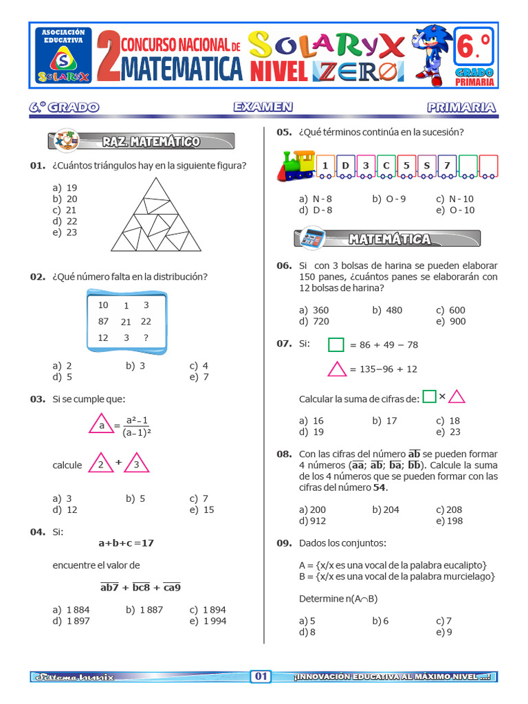 EXAMEN CONCURSO MATEMATICA SOLARYX 6° P . 2024 | PDF