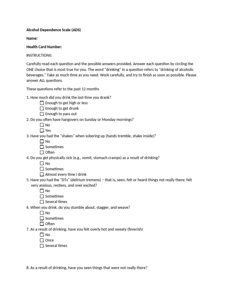 DWI Self Assessment - ADS | PDF | Alcohol | Alcohol And Health