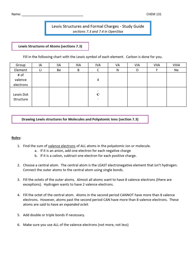 07 Study Guide-Lewis Structure and Formal Charges | PDF | Valence ...
