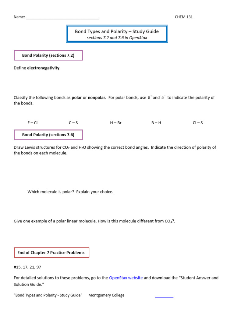 07 Study Guide-Polarity and Bonds | PDF