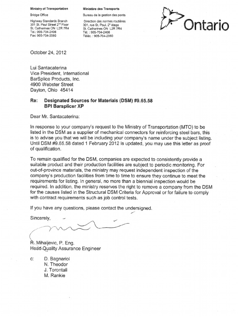 Barsplicer - MTO - Certificate For Dayton Superior D310 Taper-Lock ...