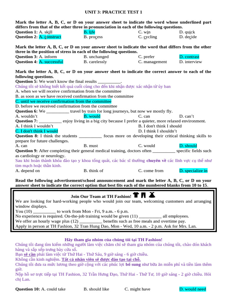 UNIT 3 - PRACTICE TEST 1 | PDF