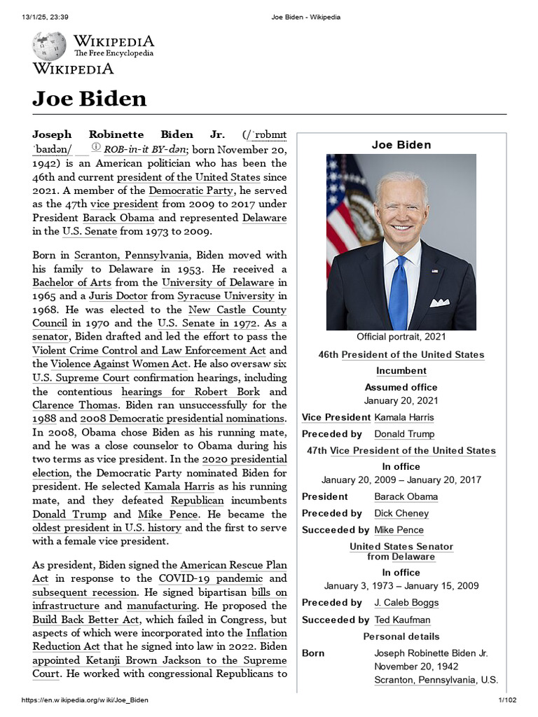 Joe Biden - Wikipedia | PDF | Joe Biden | Vice President Of The United ...