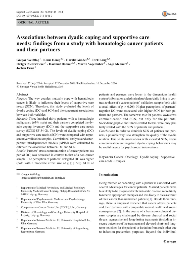 Associations Between Dyadic Coping and Supportive Care | PDF | Lymphoma | Leukemia