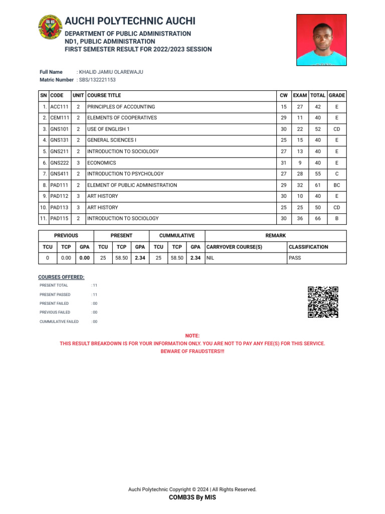 AUCHI POLYTECHNIC AUCHI - Result Checker | PDF