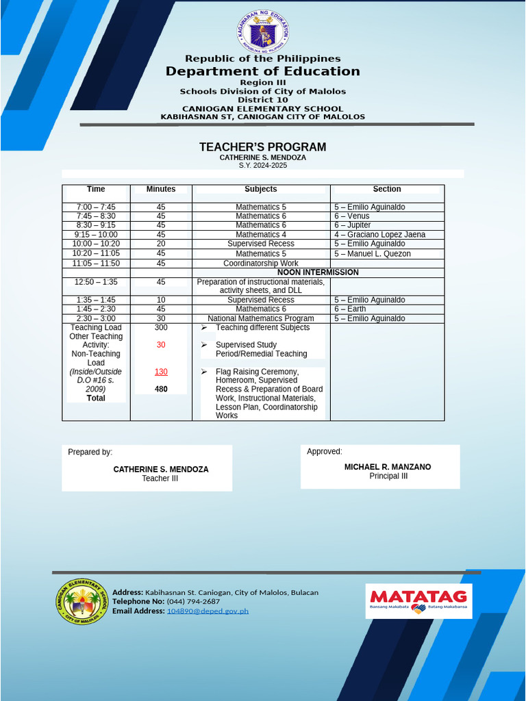 Teacher's Program Sy2024-2025 - Catherine S. Mendoza | PDF | Philippines