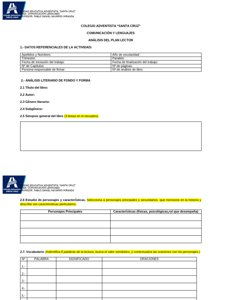 Formato Plan Lector - 2do Sec. 2024 | PDF