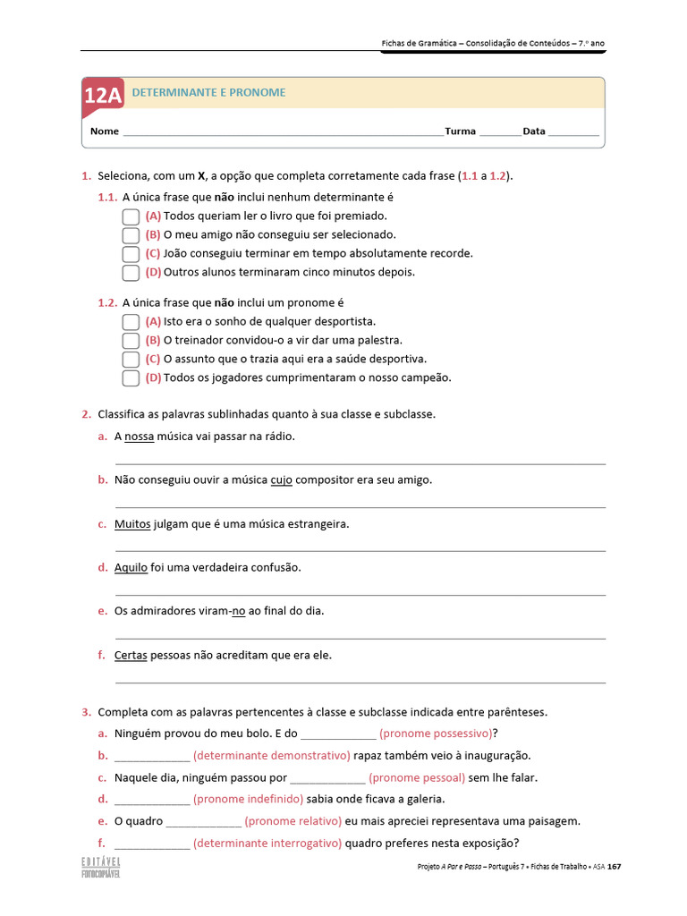 Fichas de Gramática para 7º Ano | PDF | Pronome | Sintaxe