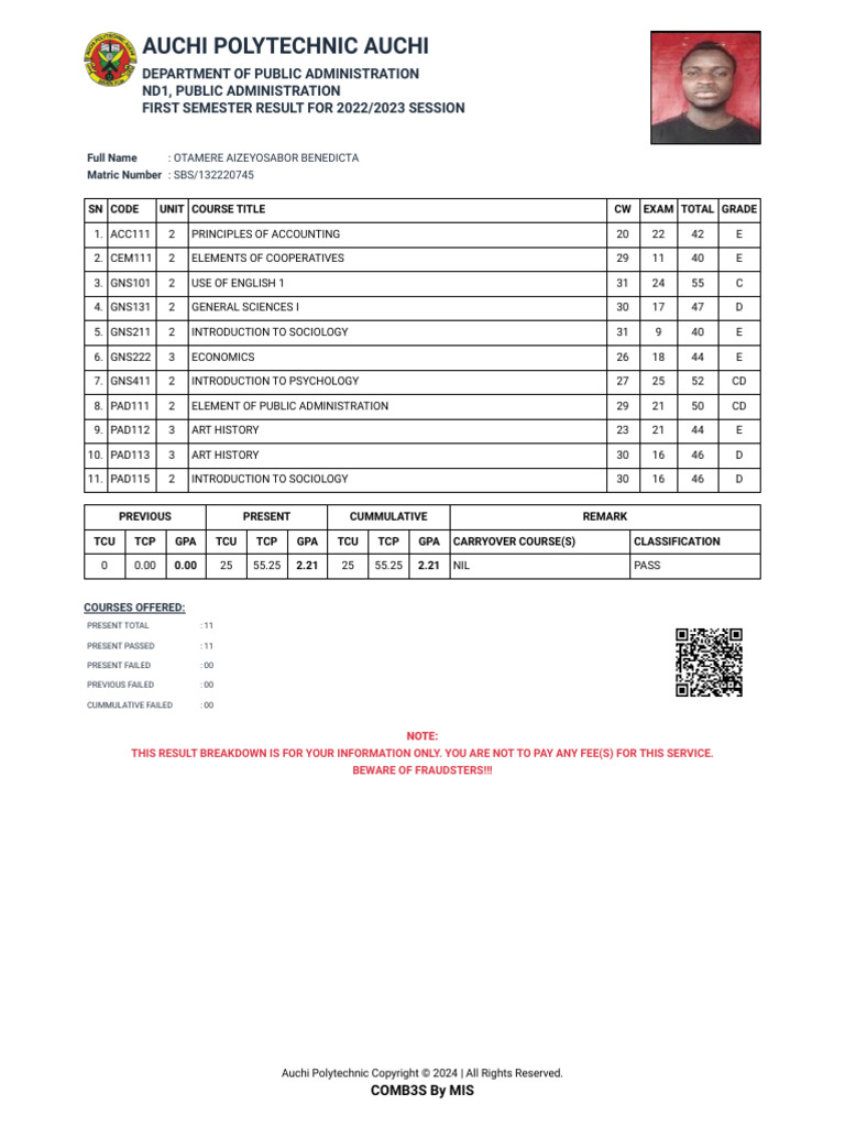 Auchi Polytechnic Auchi - Result Checker | PDF