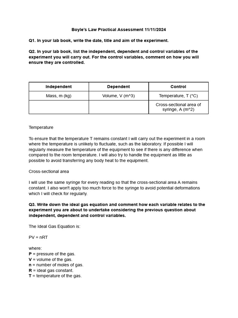 Boyle's Law Experiment Assessment Guide | PDF | Gases | Pressure