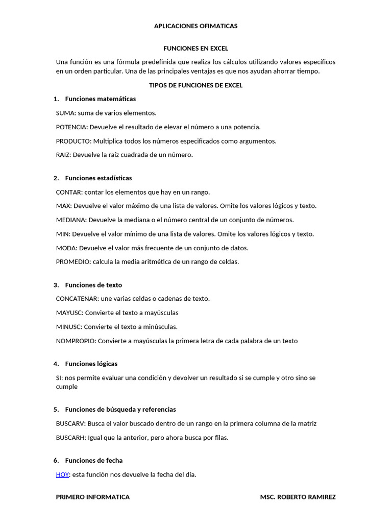 Funciones En Excel Pdf Microsoft Excel Función Matemáticas 6372