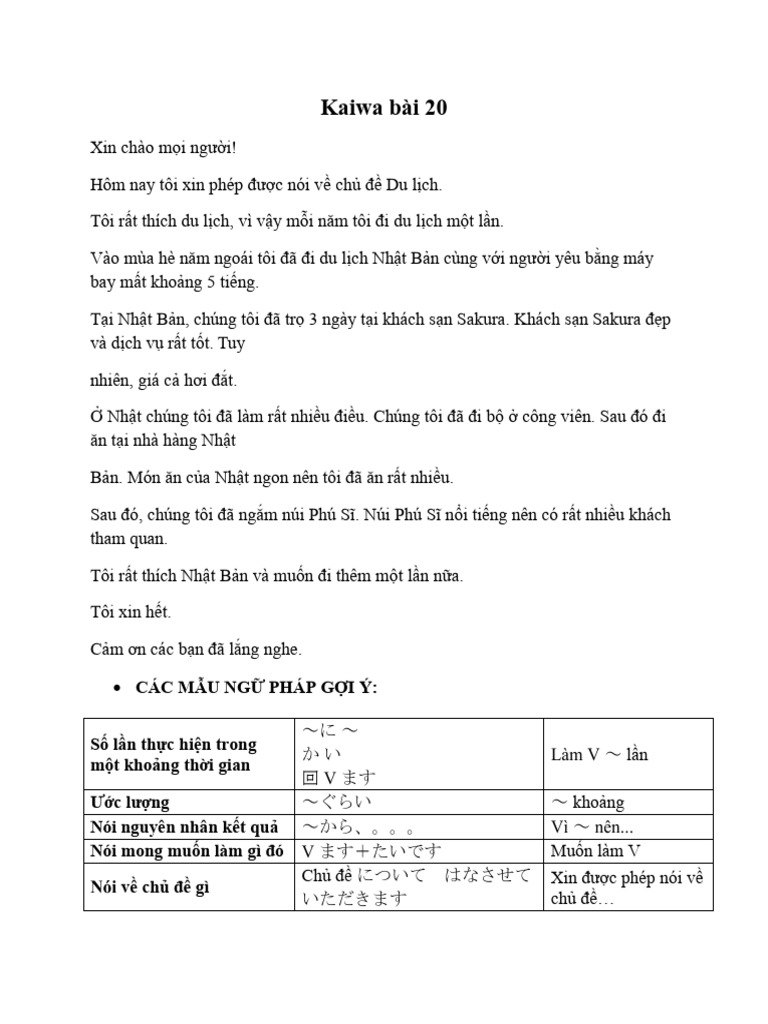 Kaiwa-Bài-20 Minanihongo | PDF