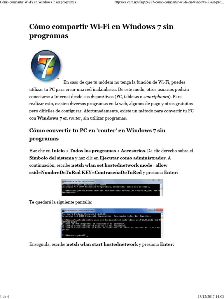 Cómo Compartir Wi-Fi en Windows 7 Sin Programas | PDF | Windows 7 | Wifi