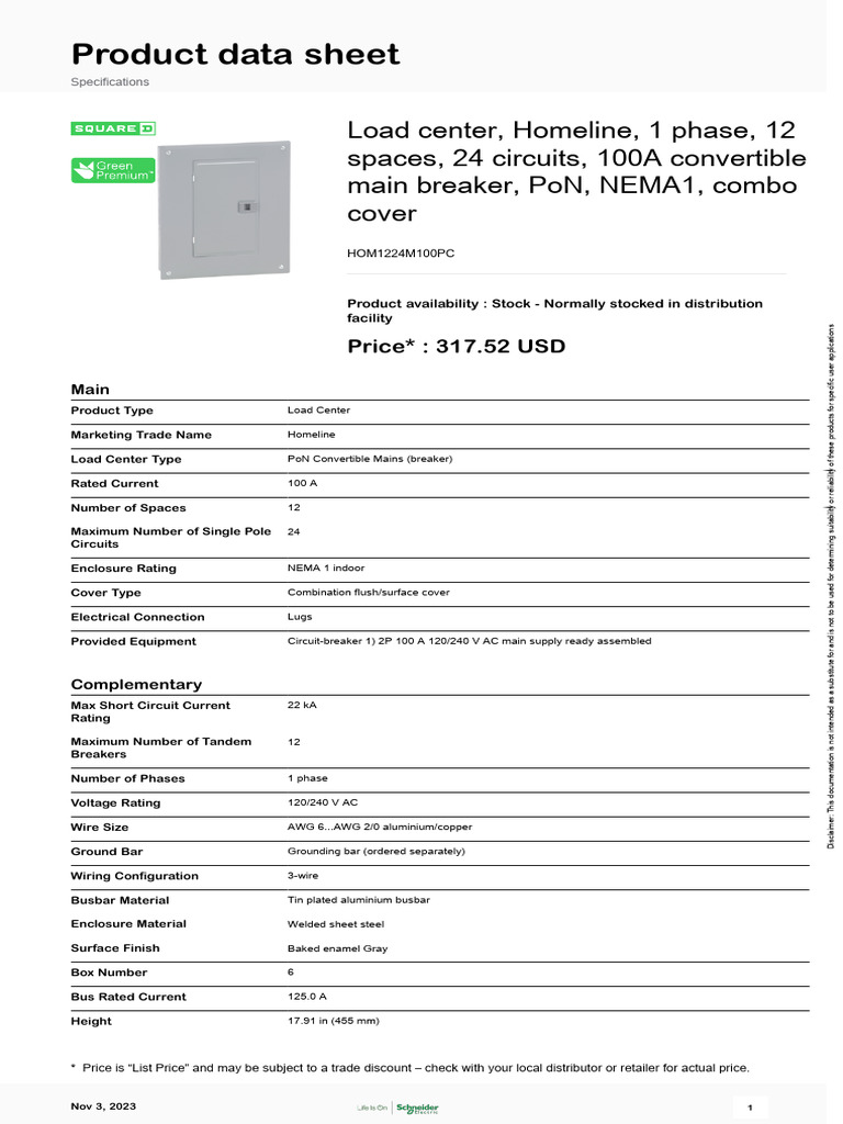 Homeline 100A Load Center Specs | PDF | Manufactured Goods | Electrical ...