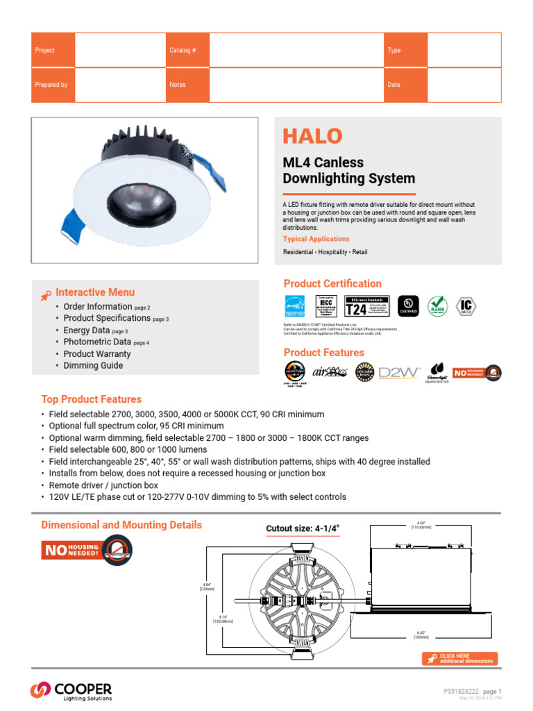 HALO ML4 Canless Downlight Spec Sheet Tl40r2gmw | PDF | Electricity | Electrical Components