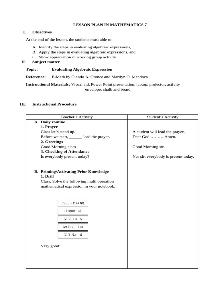 Lesson Plan in Mathematics 7 | PDF | Equations | Algebra