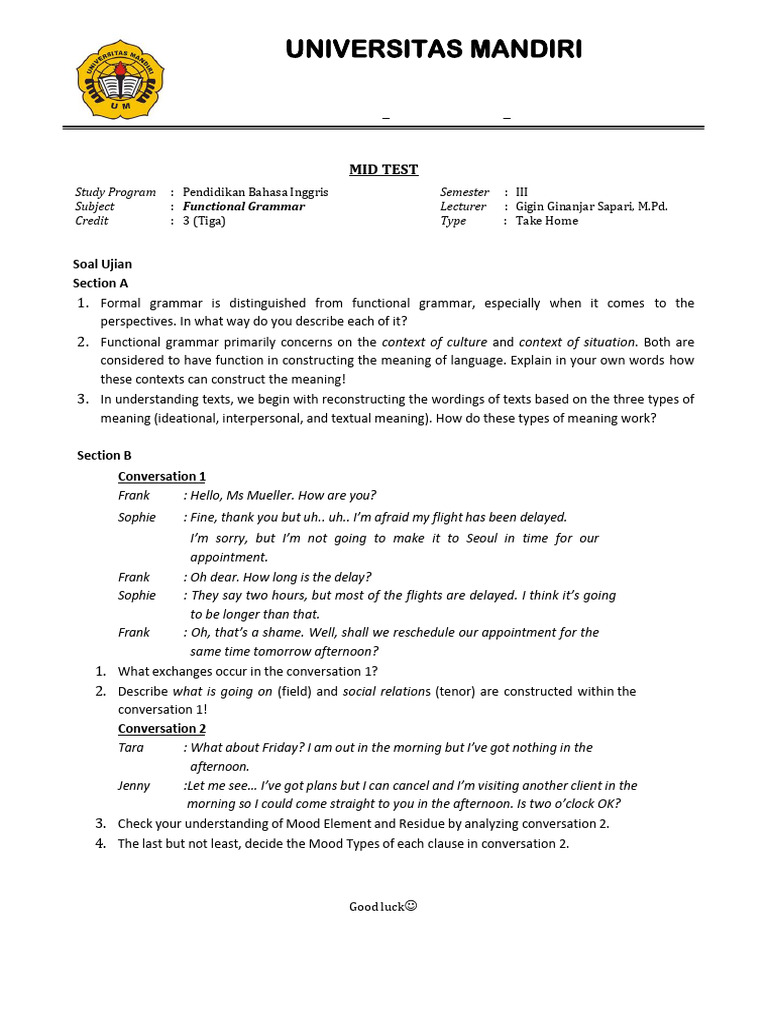 Soal UTS Functional Grammar 2024 Semester 3 | PDF | Syntax | Language Mechanics