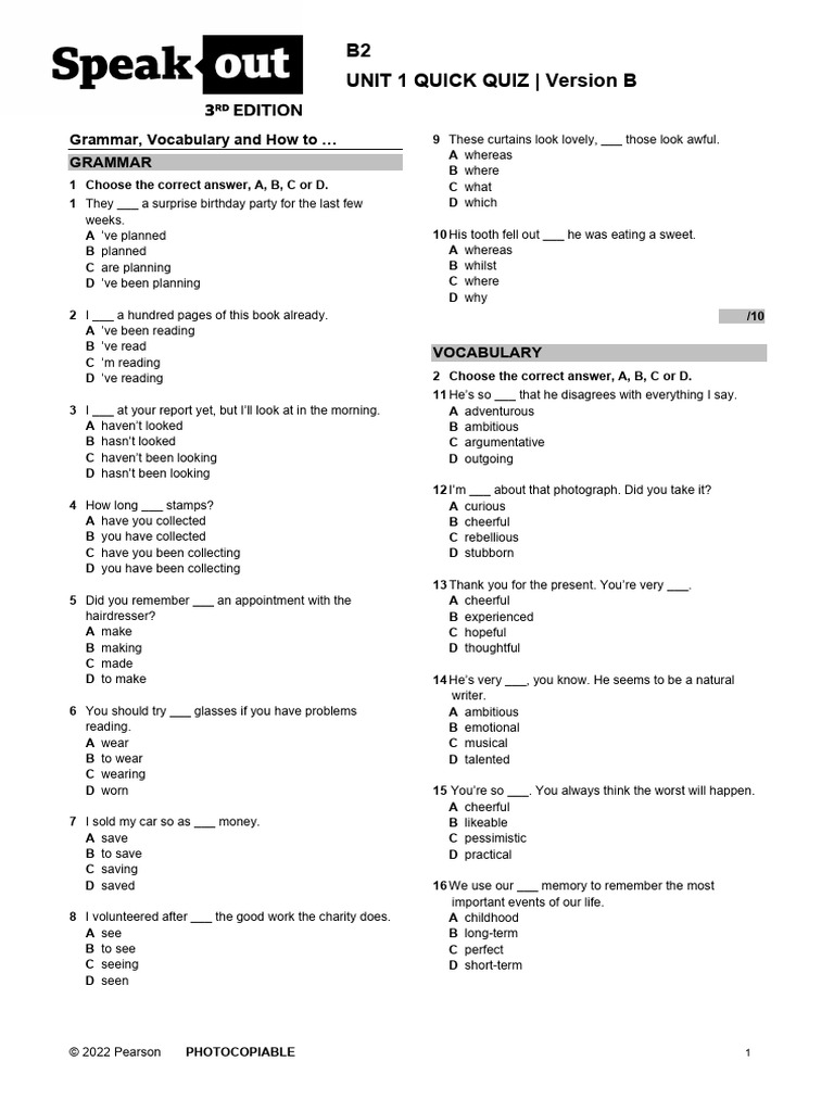 B2 Unit 1 Quick Quiz: Grammar & Vocabulary | PDF