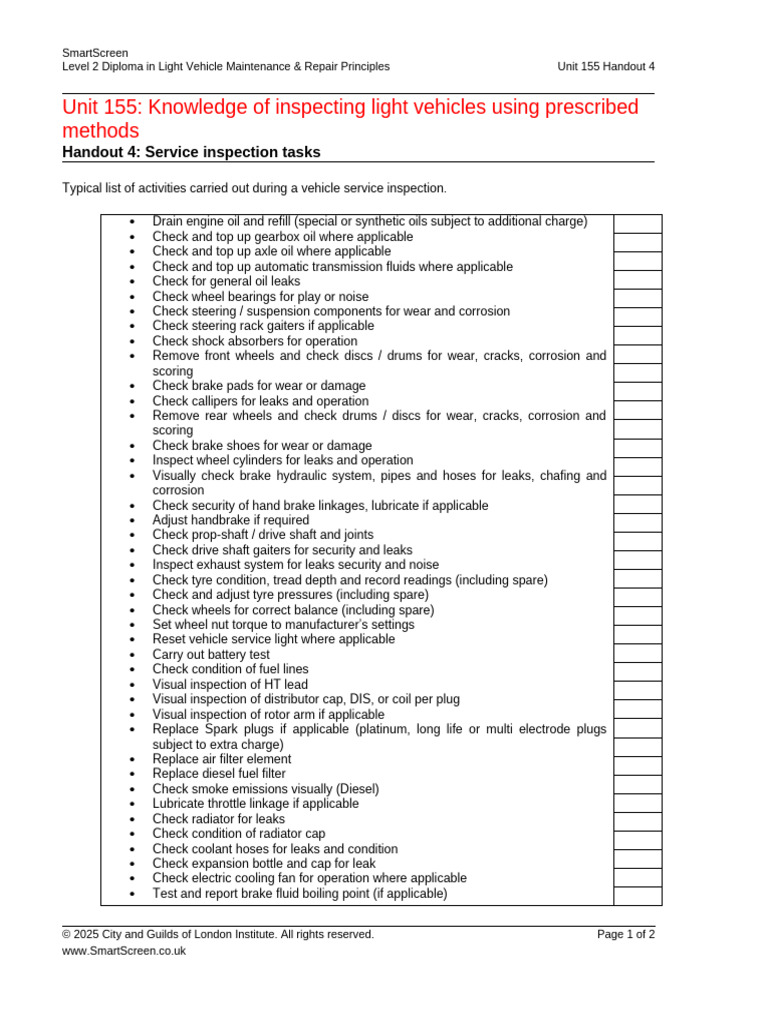 l2 155 Handout 4 Service Inspection Tasks | PDF | Brake | Leak