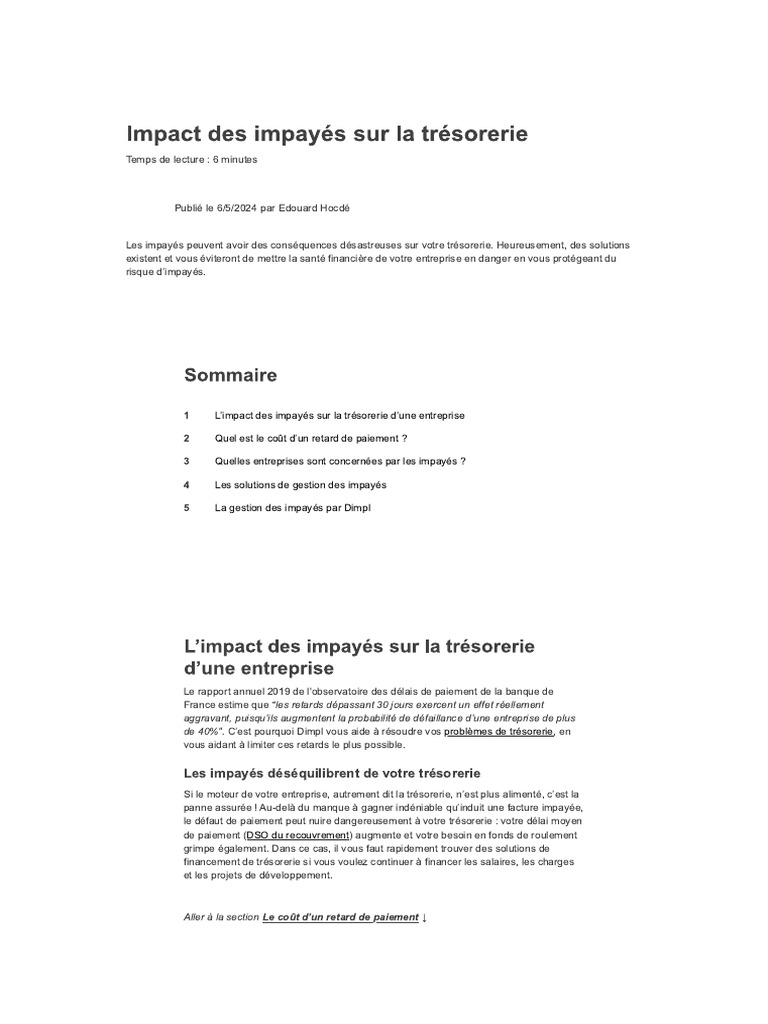 Impact Des Impayés Sur La Trésorerie | PDF