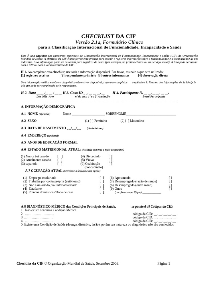 Checklist da CIF: Classificação de Saúde | PDF | Corpo humano | Tempo