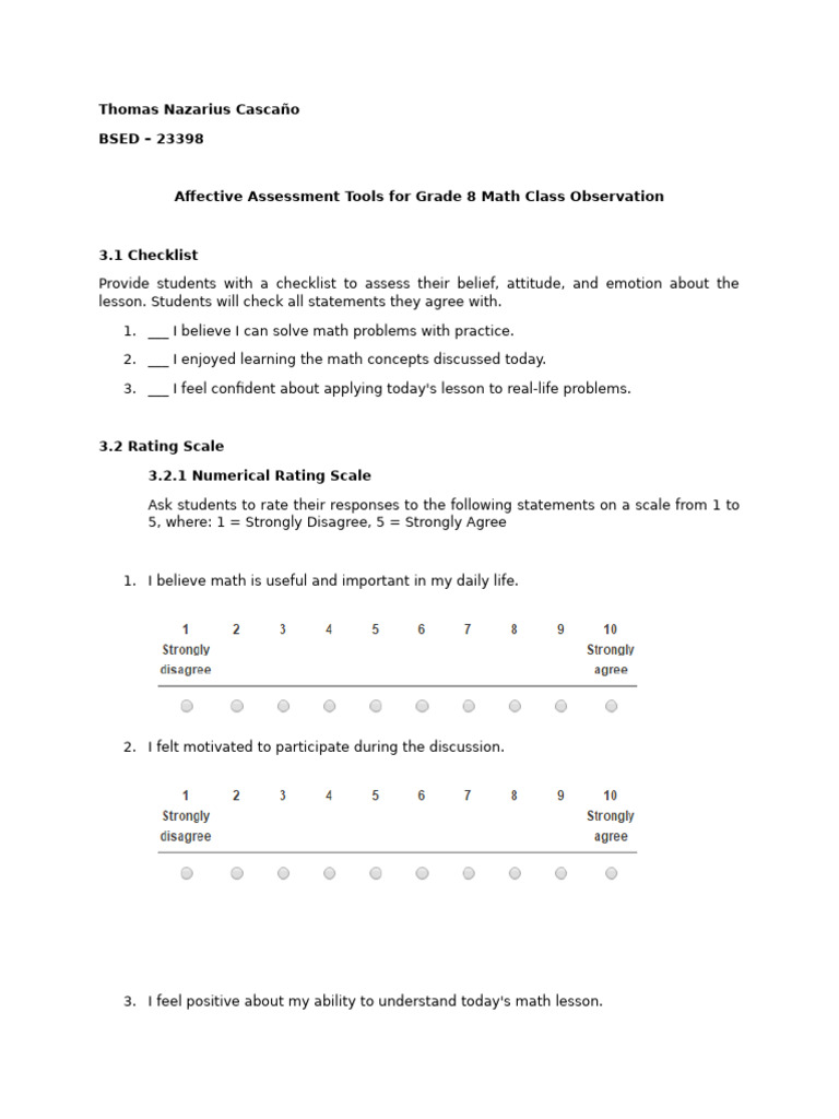 Assessment Tool Grade 8 Observtion | PDF | Attitude (Psychology ...